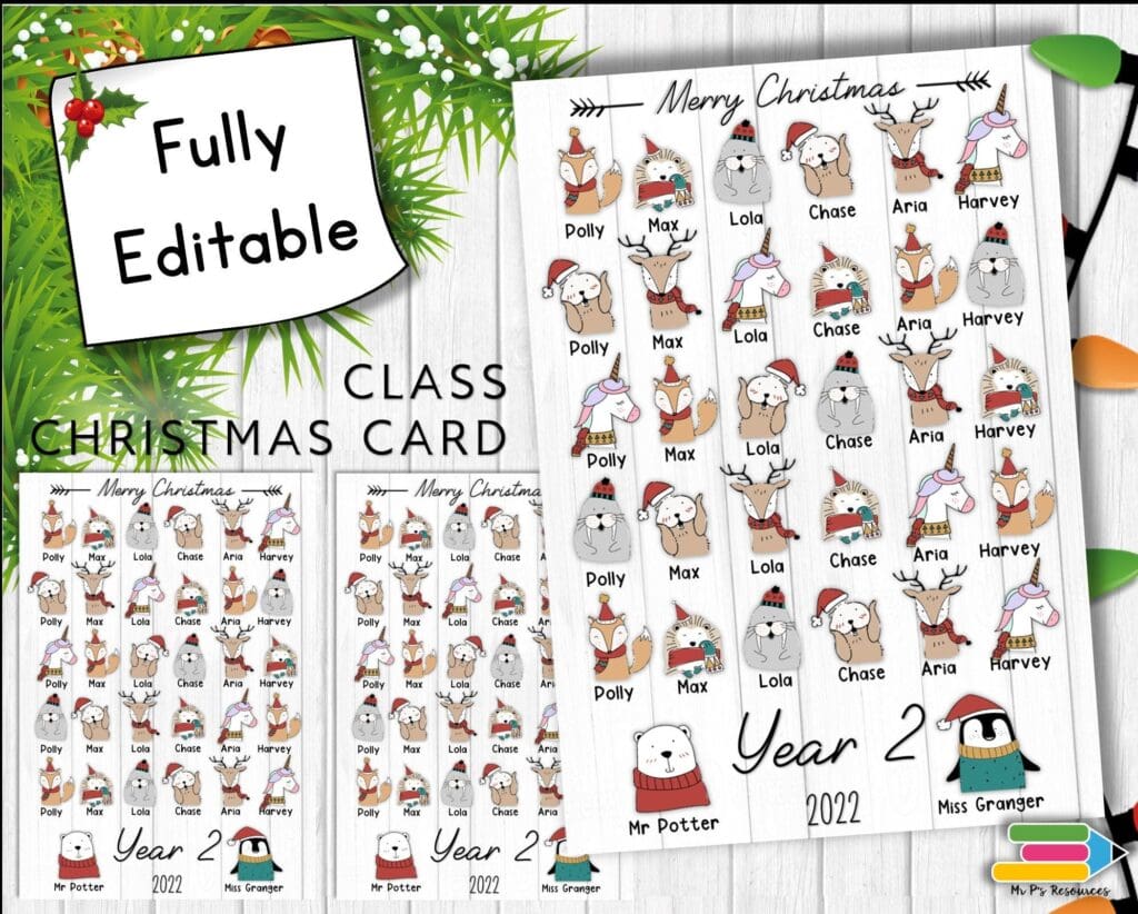 Personalised Class Christmas Card (animals) | Mr P's Resources