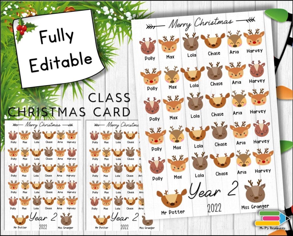 Personalised Class Christmas Card (Santa's Reindeer) | Mr P's Resources