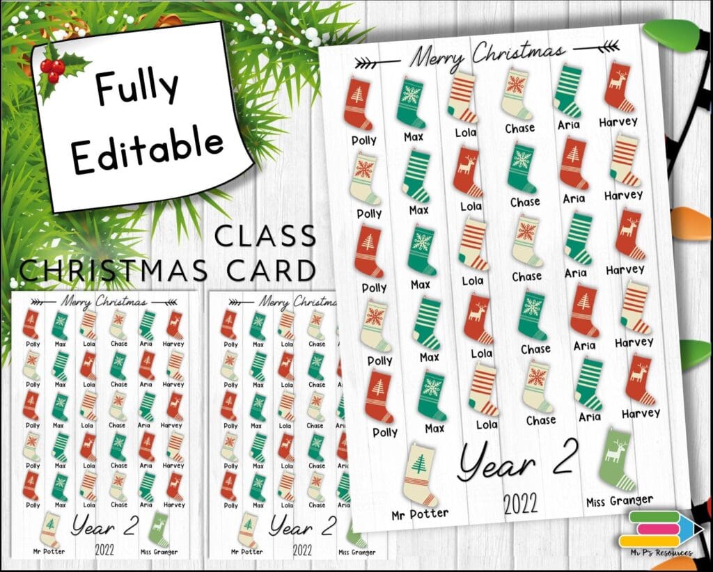 Personalised Class Christmas Card (Stockings) | Mr P's Resources